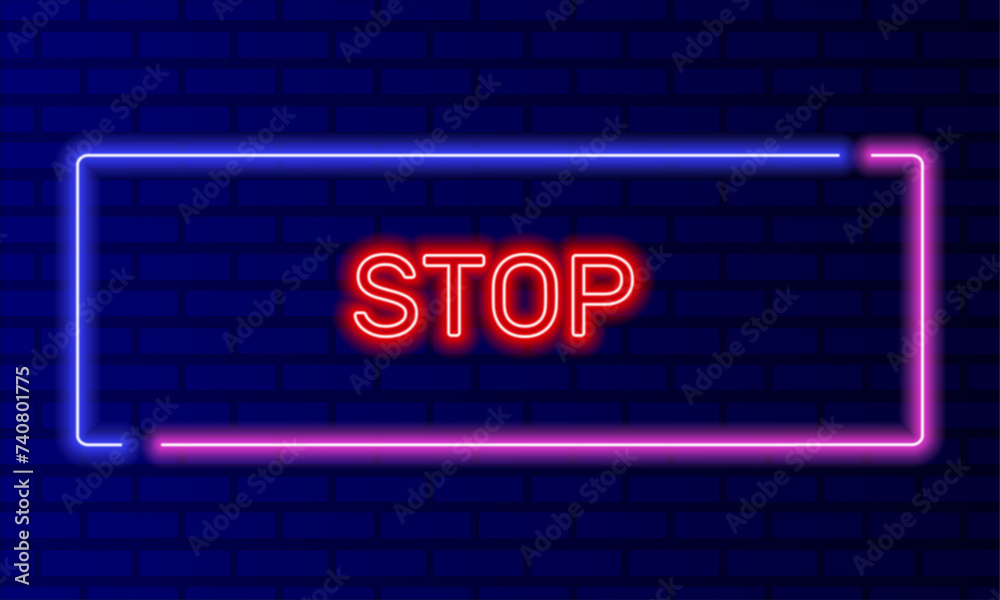 Neon sign stop in speech bubble frame on brick wall background vector ...