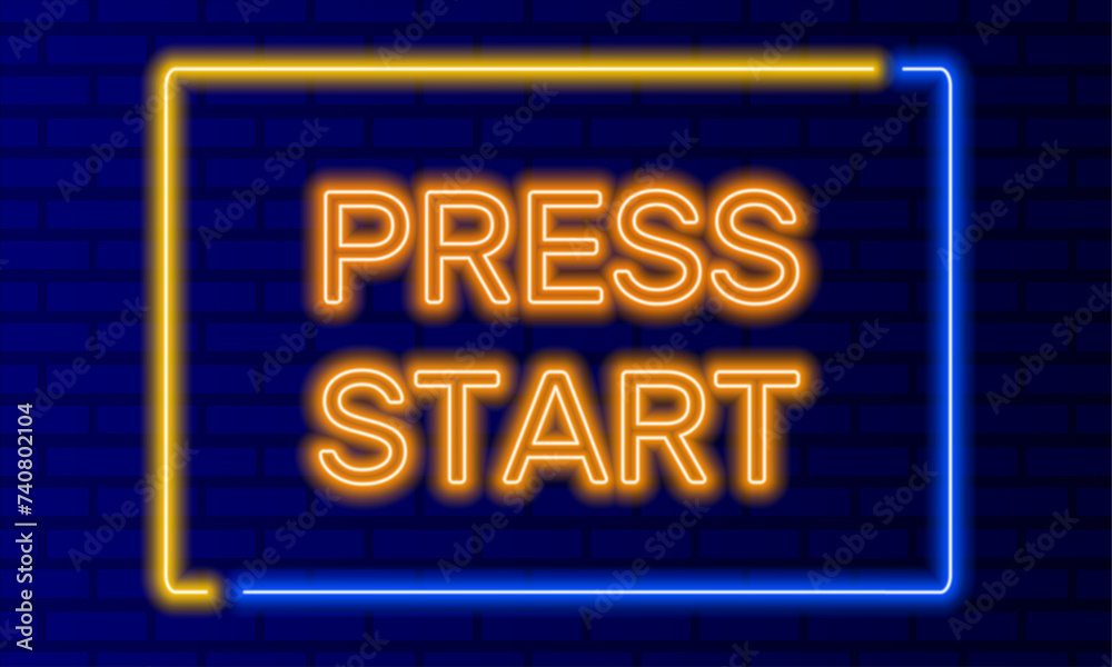 Neon sign press start in speech bubble frame on brick wall background ...