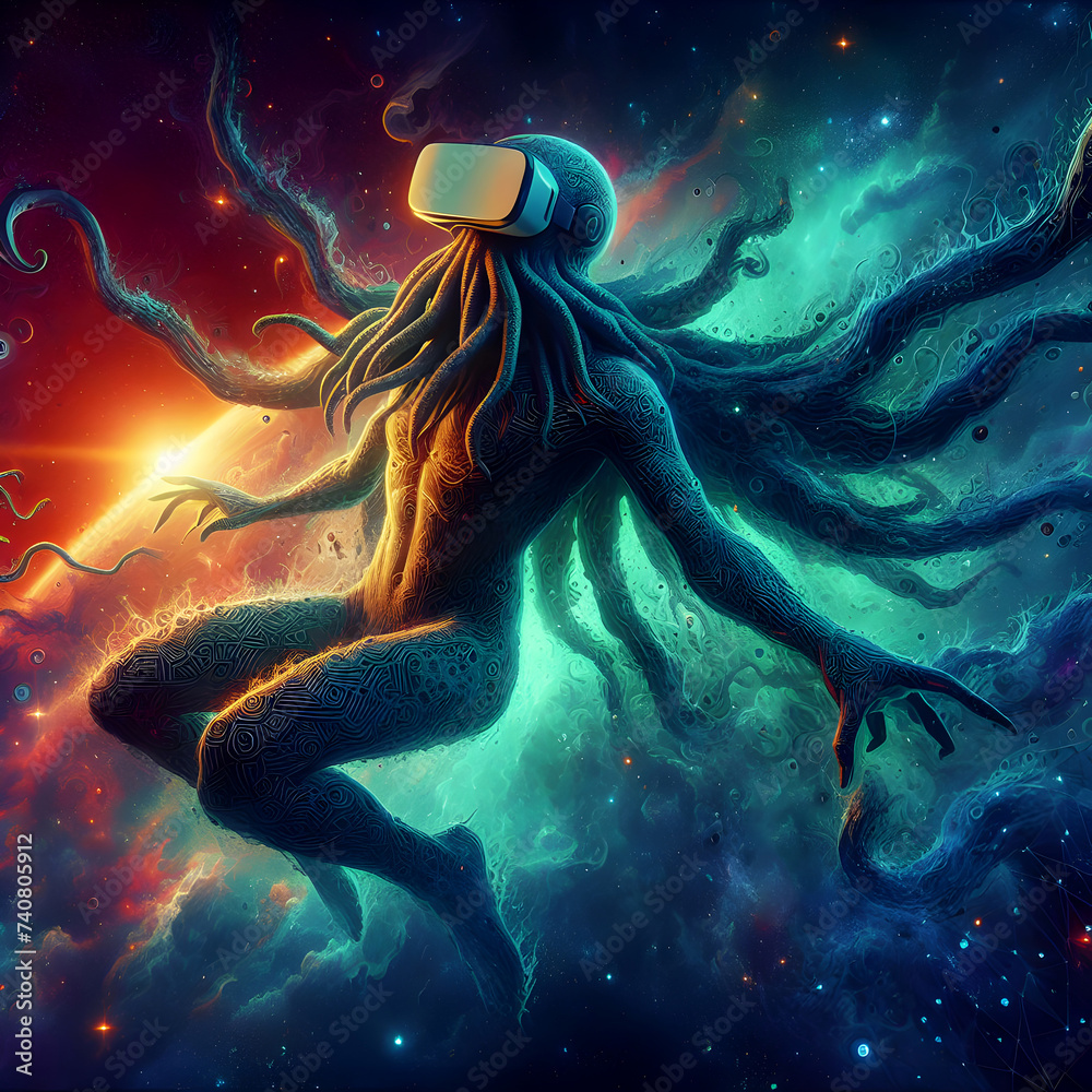 Virtual reality concept humanoid in virtual reality glasses looks like ...