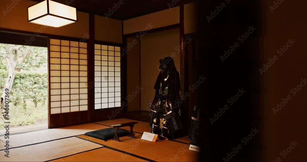 Japan, Samurai suit and wood furniture in living room with retro and ...