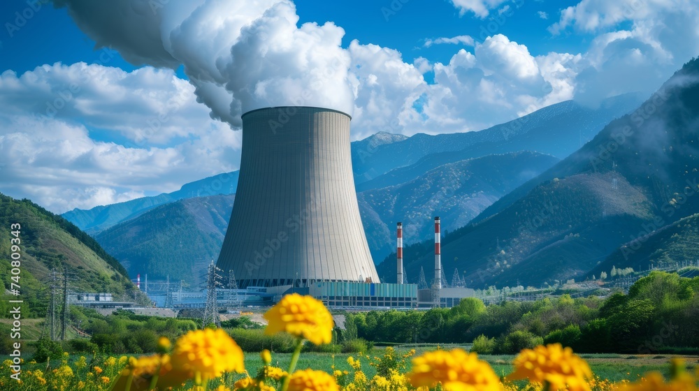 Nuclear power plant standing amidst picturesque green fields and scenic ...