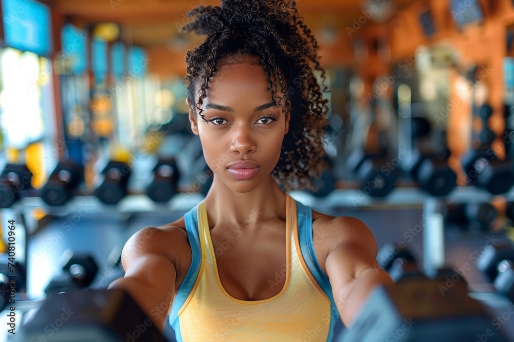 A determined woman captures her progress at the gym with a confident ...