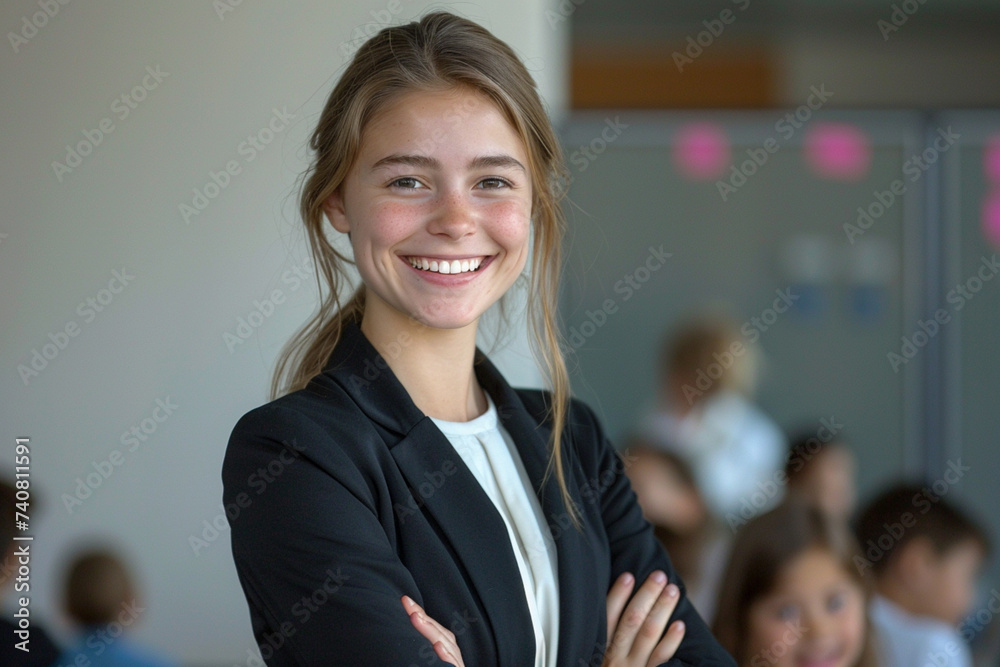 Young Teacher Smiling in Classroom. Young female educator smiling ...