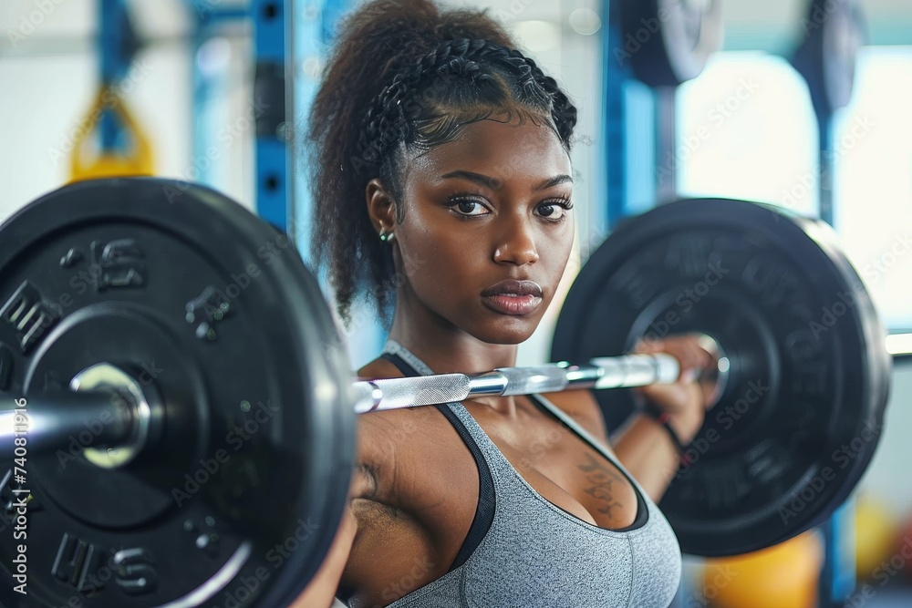 A determined woman builds strength and resilience in a bustling gym ...