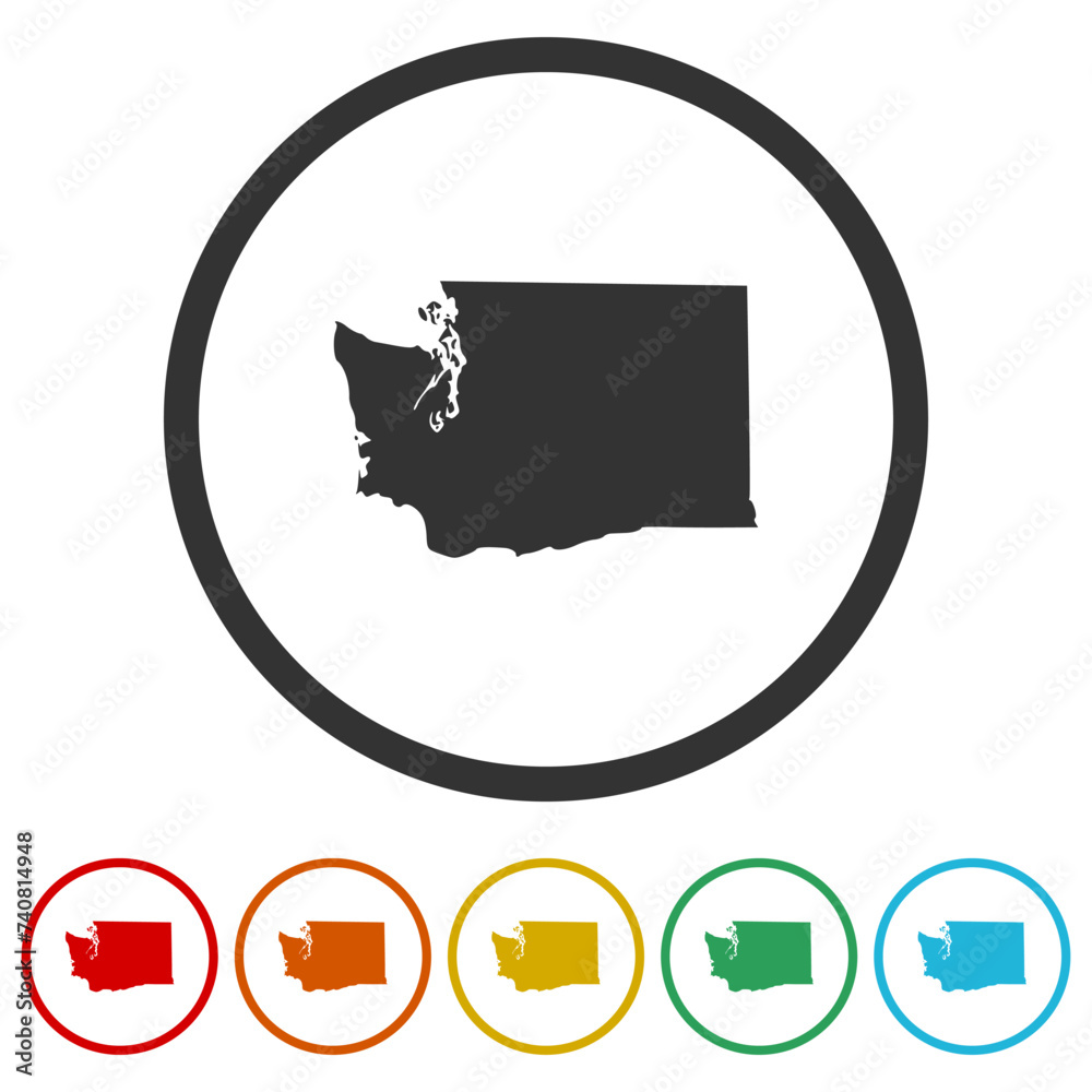 Map of the U.S. state of Washington. Set icons in color circle buttons ...