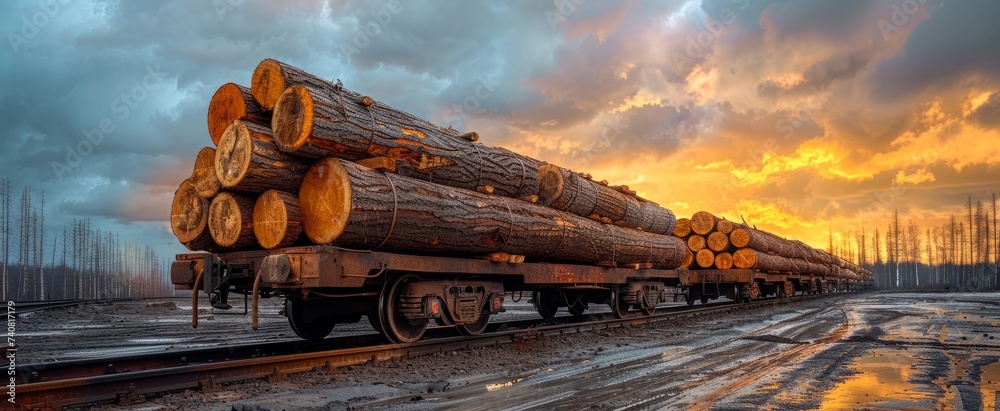 A freight train loaded with timber logs, representing the global timber ...