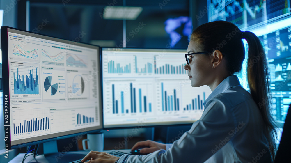 A female data analyst looking at a bunch of data on multiple screen ...