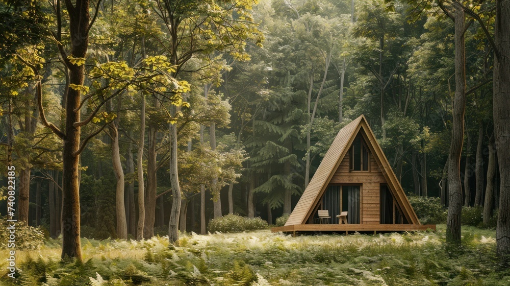 Modern A-Frame Cabin in Serene Forest. A modern A-frame cabin stands in ...