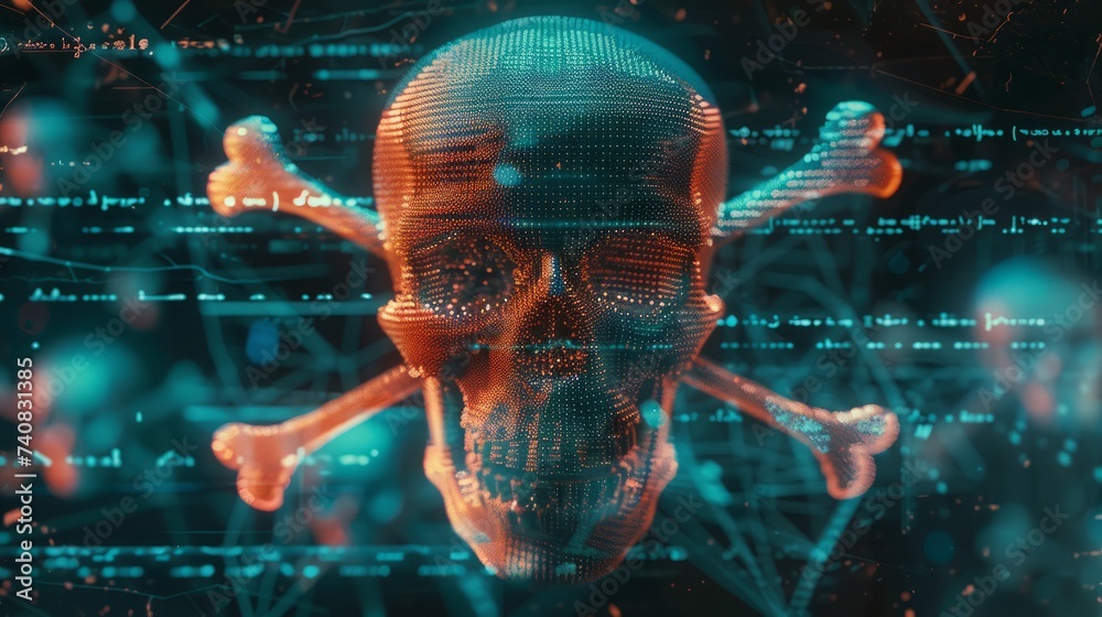 A visually striking digital representation of a skull within a cyber ...