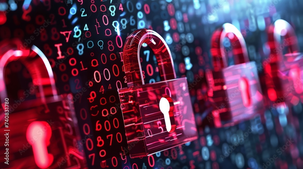 Vivid red and blue digital locks overlay binary code, representing data encryption and internet ...