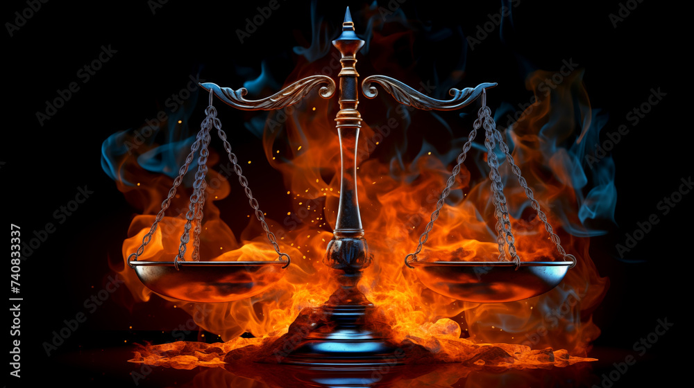Justice scale with dark-toned on-fire background. Justice concept ...