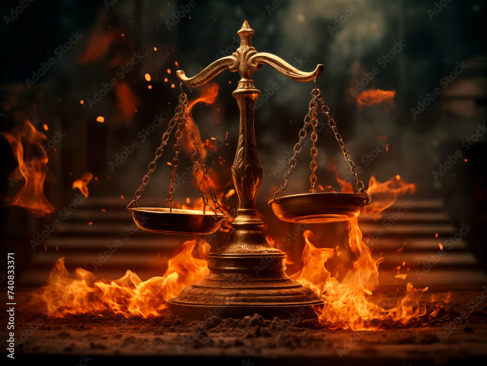 Justice scale with dark-toned on-fire background. Justice concept ...