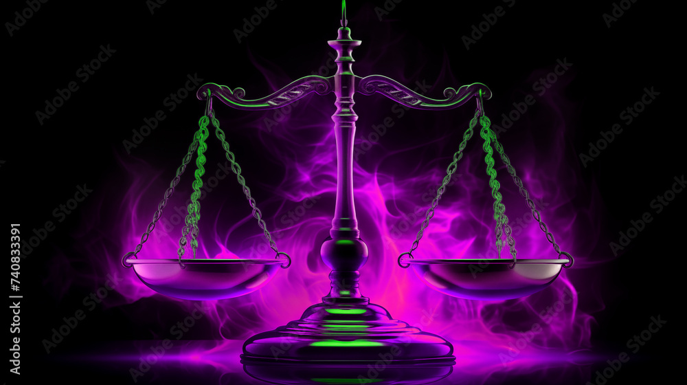 Justice scale with purple on-fire background. Justice concept. Scale is ...