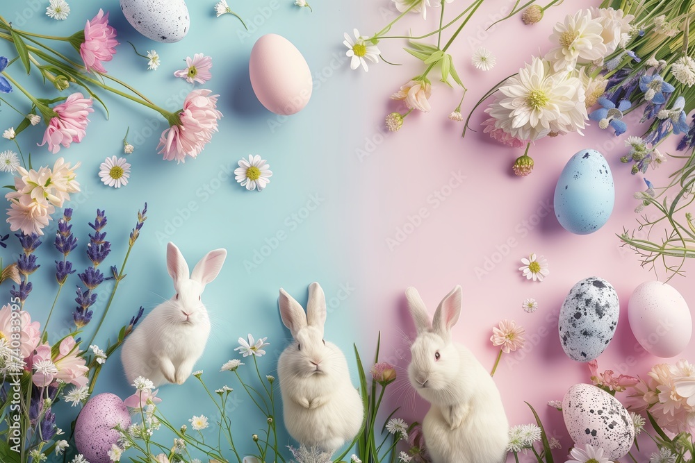 Easter poster and banner template with Easter eggs and bunny on a light ...