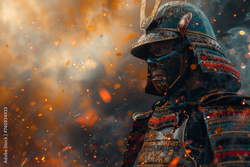 Ancient samurai robot with superpowers standing amidst a historical yet ...