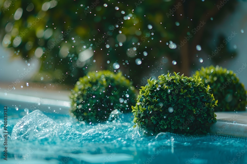 Water splashes in a pool as green topiary decorates the poolside ...