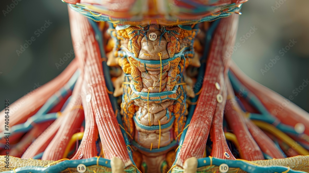 A highly detailed anatomical model of the human neck showing the ...