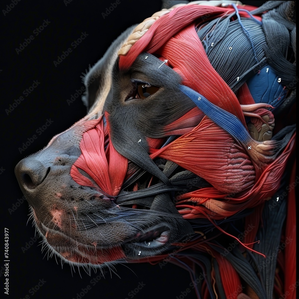A highly detailed representation of the musculature anatomy of a dog's ...