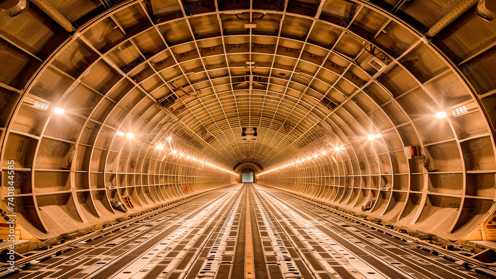 Futuristic symmetrical view of an empty aircraft cargo hold with a ...
