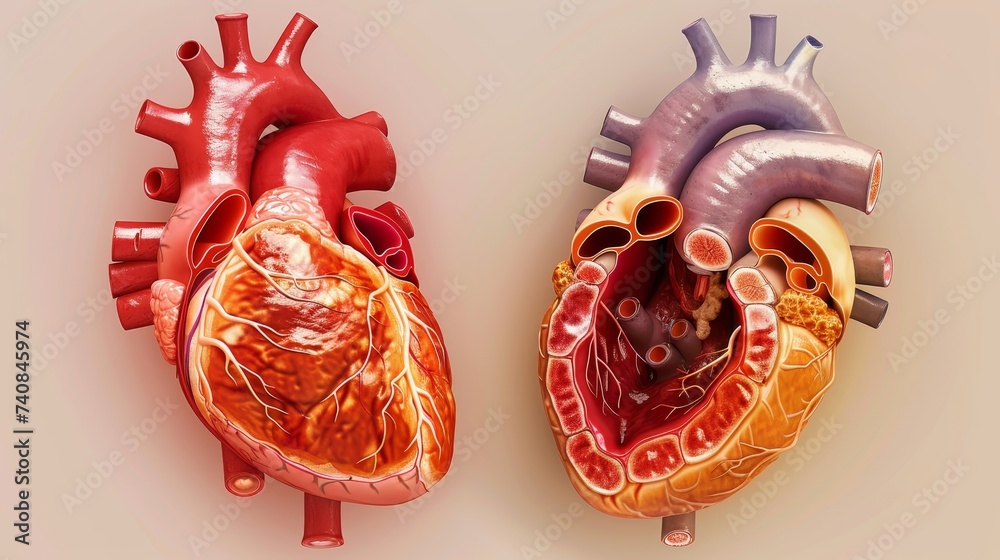A medical illustration depicting a detailed human heart anatomy, with a ...