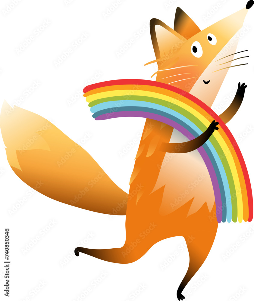 Cute fox holding rainbow, excited and funny rainbow dancing. Forest ...