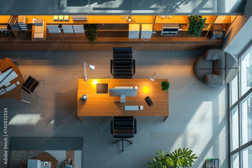 This photograph showcases an office space from an overhead perspective ...