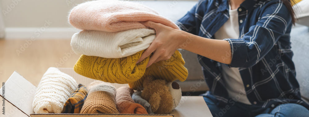 Recycling, Donation for poor, asian young woman, girl hand packing ...