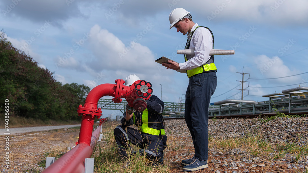 maintenance engineer checking fire hydrant. person weekly checking fire ...