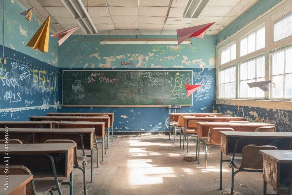 A photograph showcasing an empty classroom with rows of desks and a ...