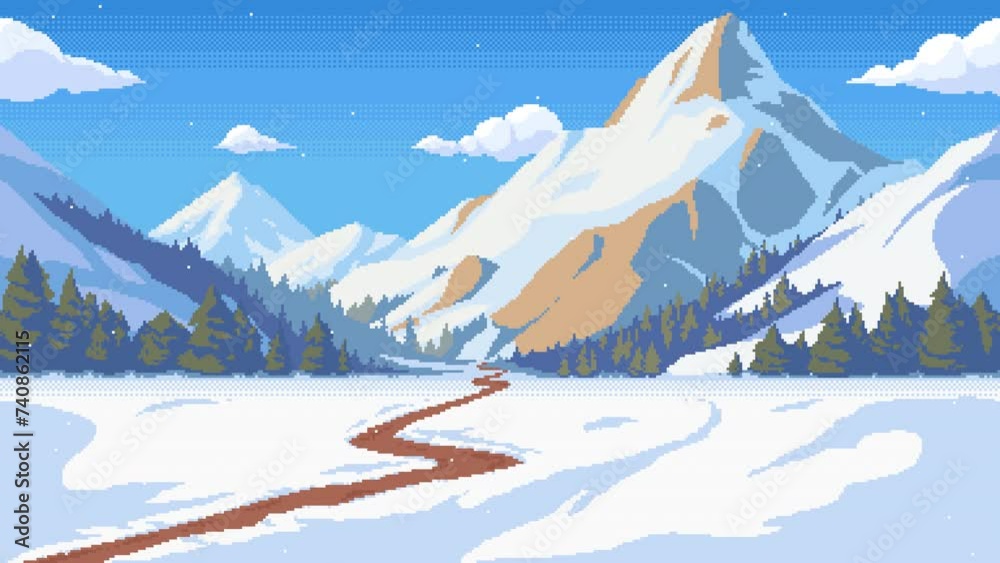 Pixel art looping animation of background with snowy mountains, spruce ...