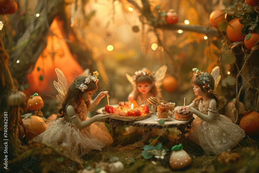 Group of Little Girls Sitting Around a Wooden Table, Engaged in an Art ...