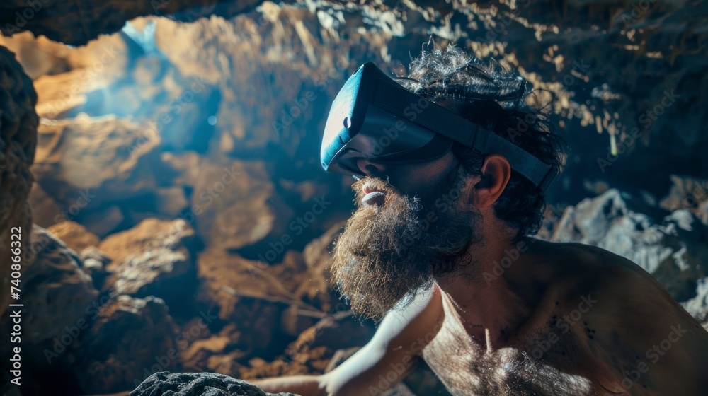 caveman with virtual reality glasses in a cave in high resolution and ...