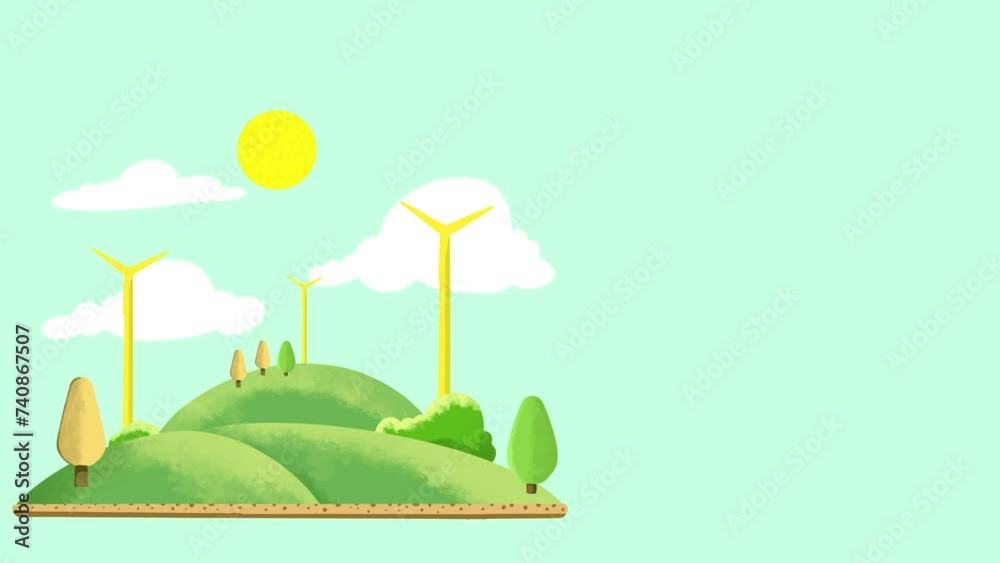 Animated hills, plants and wind power plants, animated illustrations ...
