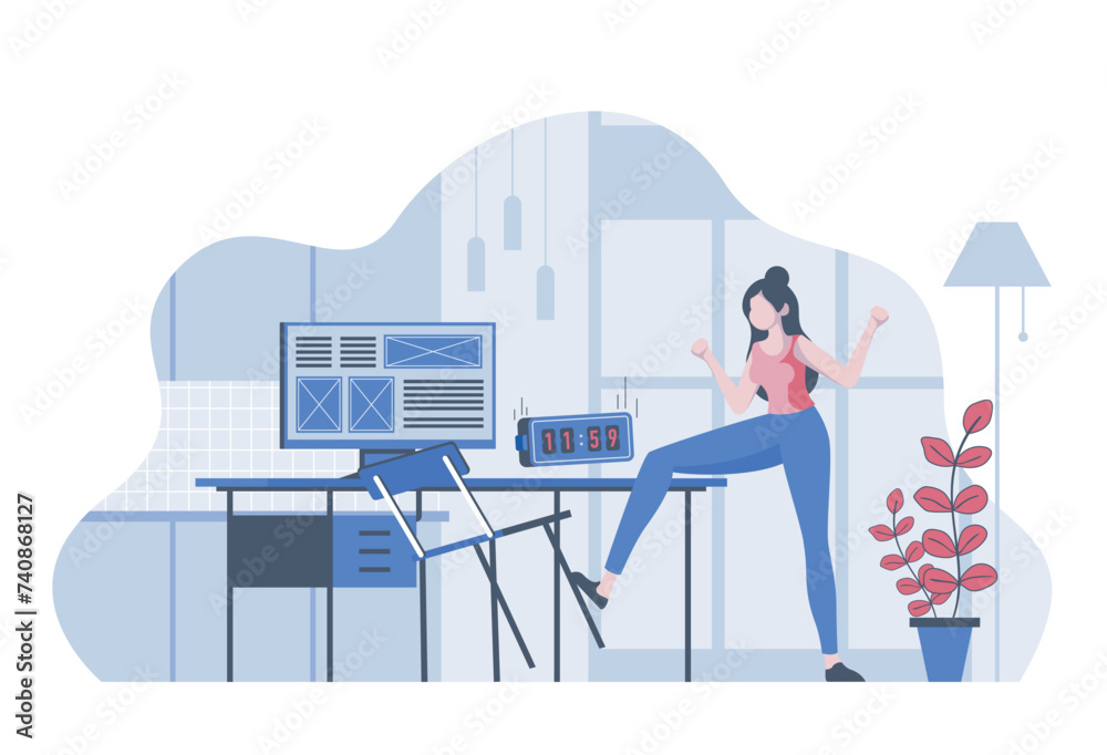Deadline concept with cartoon people in flat design for web. Nervous ...