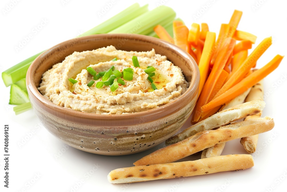 Hummus in a bowl with bread and vegetable sticks. Hummus is a typical ...