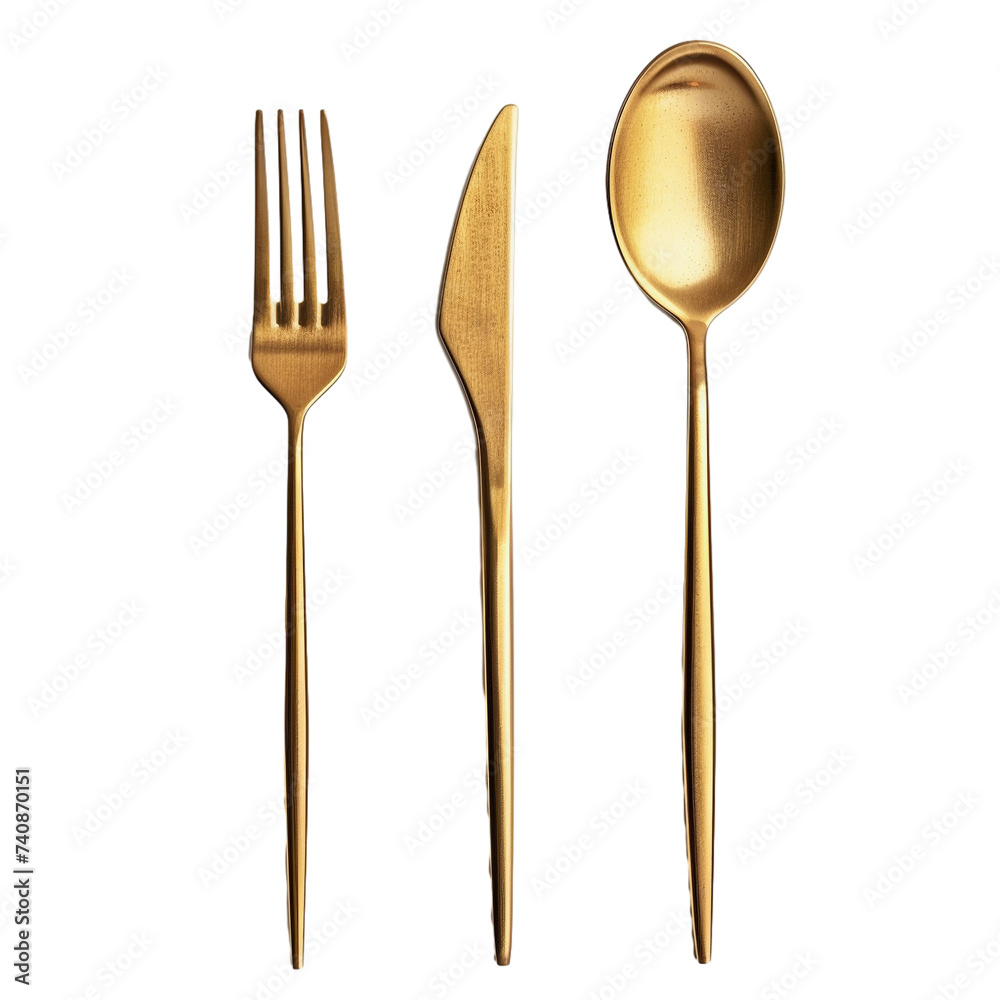 matte gold fork and matte gold knife, top view, isolated on transparent ...