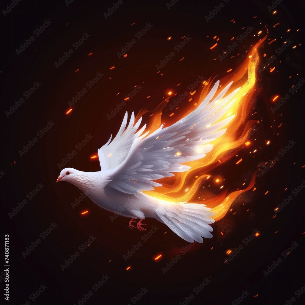 Flying white dove with fire effect on dark background. Symbol of peace ...