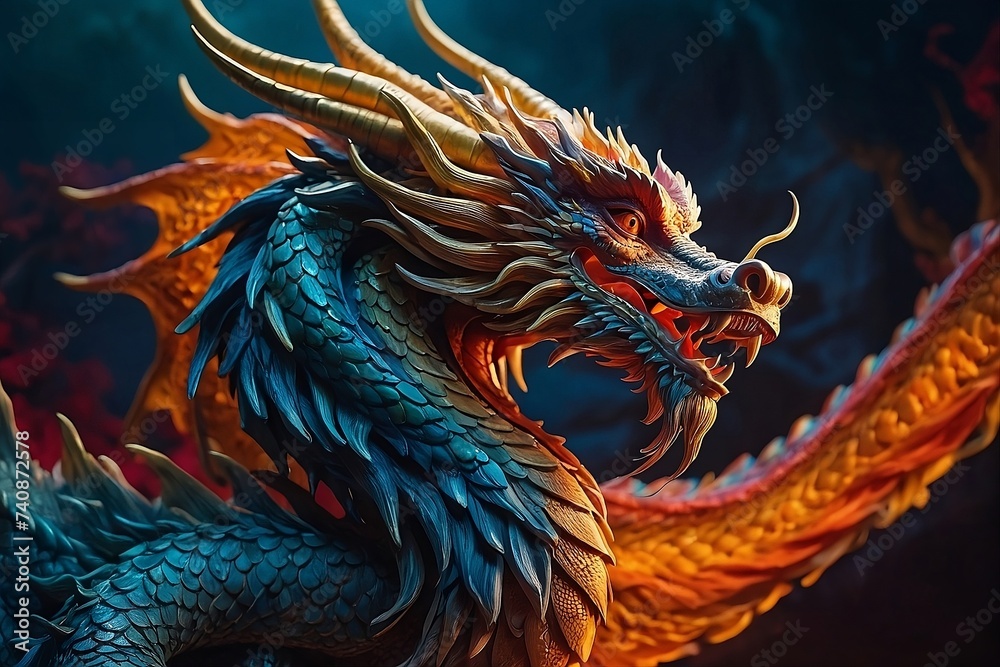 A chinese dragon, its vibrant colors popping against a studio ...