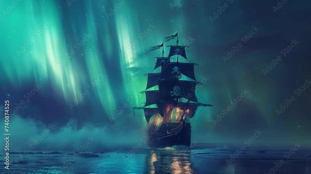 A pirate ship sailing under the aurora borealis with its Jolly Roger ...