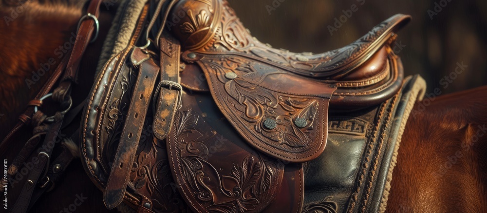 Detailed close up of a leather horse saddle with intricate designs and ...