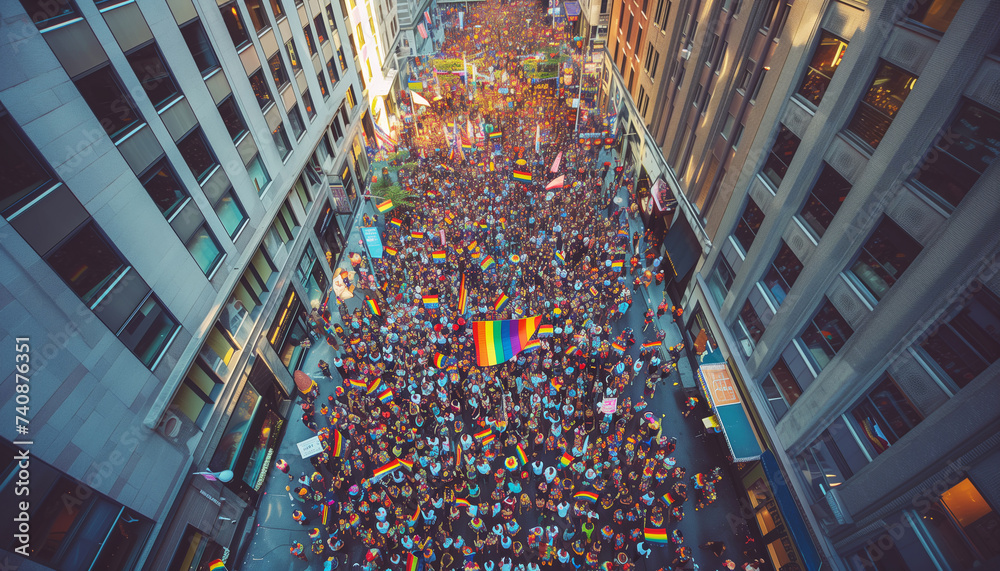 Crowd top view of People marching and dancing while they participate ...