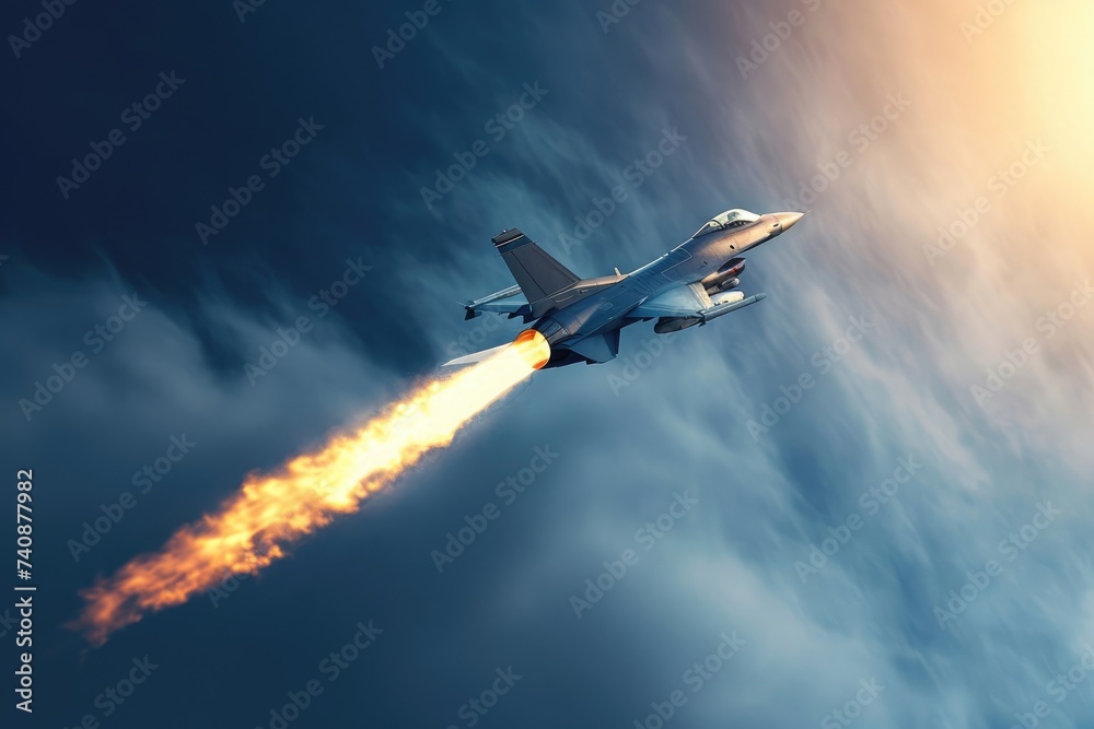 A fighter jet soars through a cloudy sky, showcasing its power and ...