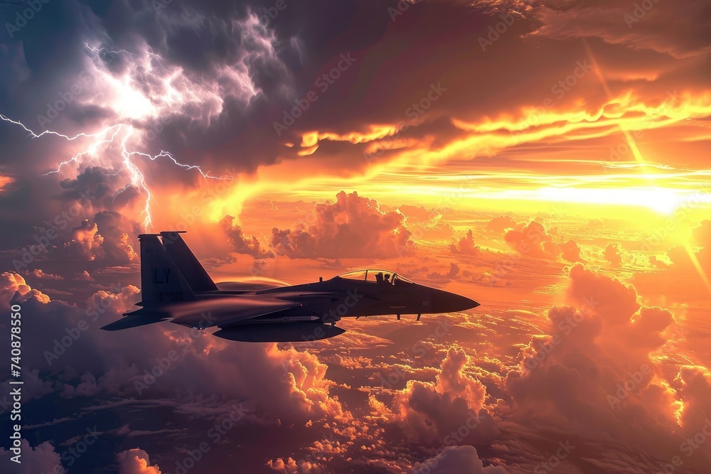 A high-speed fighter jet cuts through dark clouds as it flies through ...