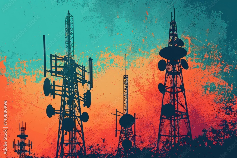 Several cell towers positioned closely together in an open field, ready ...