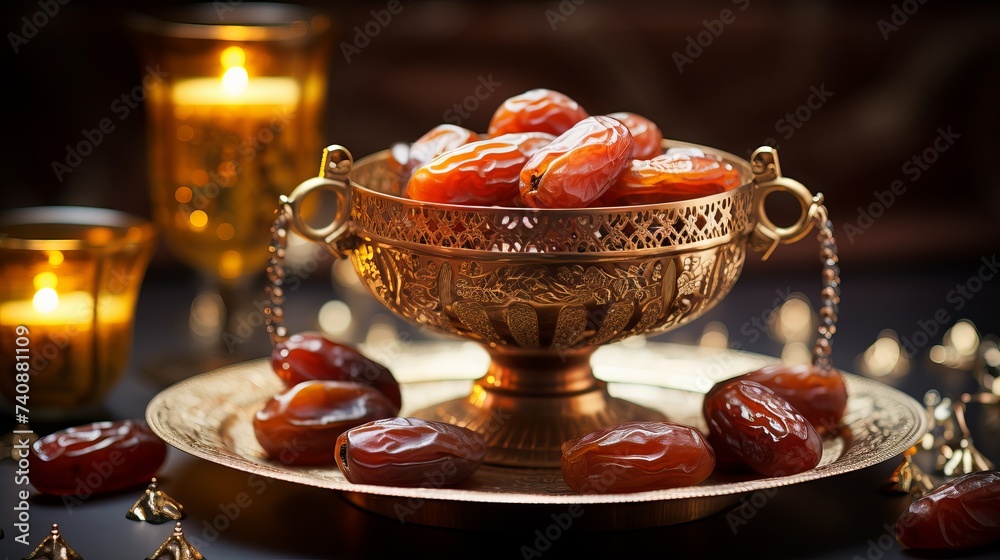 Arabian finest date fruits in an ornamental bowl with Islamic rosary ...