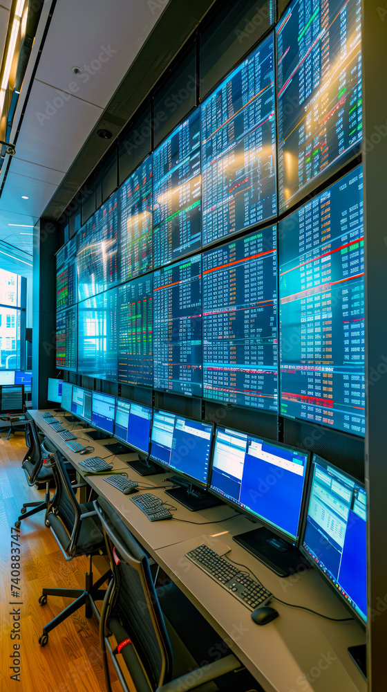 High-tech control room with multiple screens and data displays Stock ...