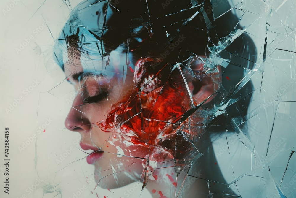 A close-up photo showcasing the face of a woman seen through broken ...
