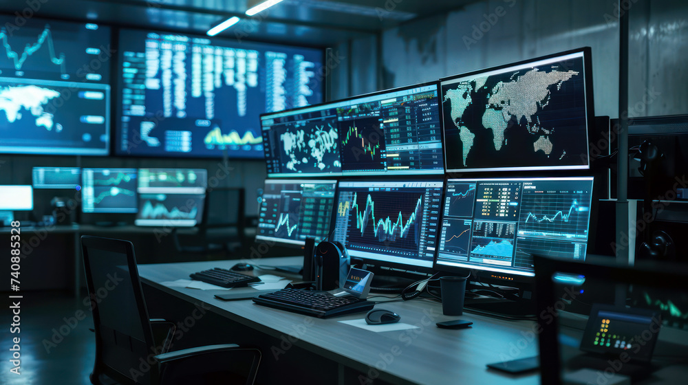 High-tech control room with multiple screens and data displays Stock ...