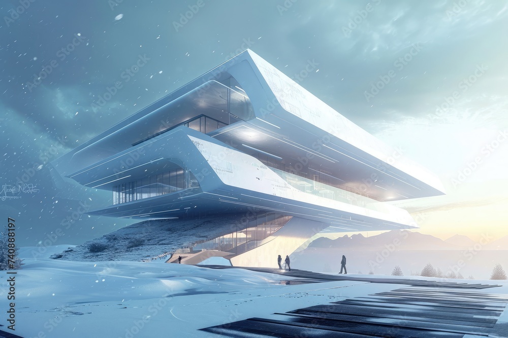 Futuristic Building in Snowy Landscape, Future building project ...