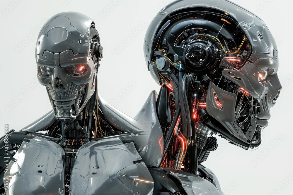 Two robots, one blue and one red, standing next to each other in a ...